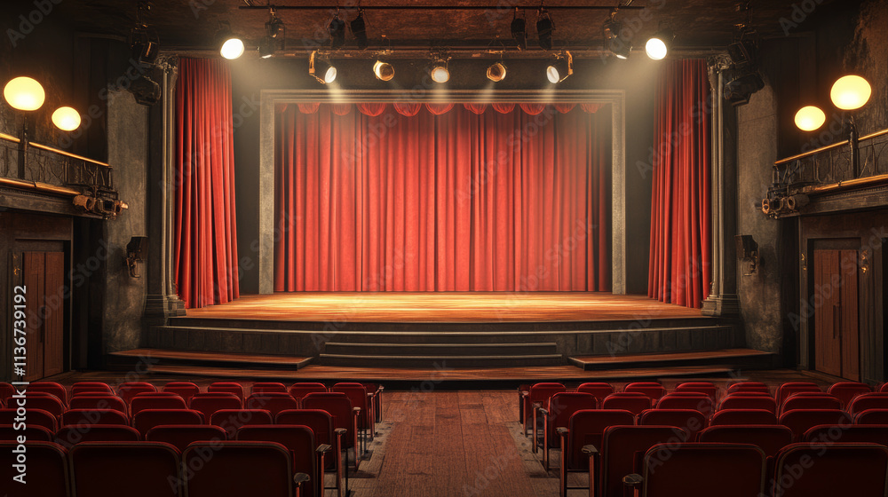 Theater hall with wooden stage, red curtains, auditorium chairs ...