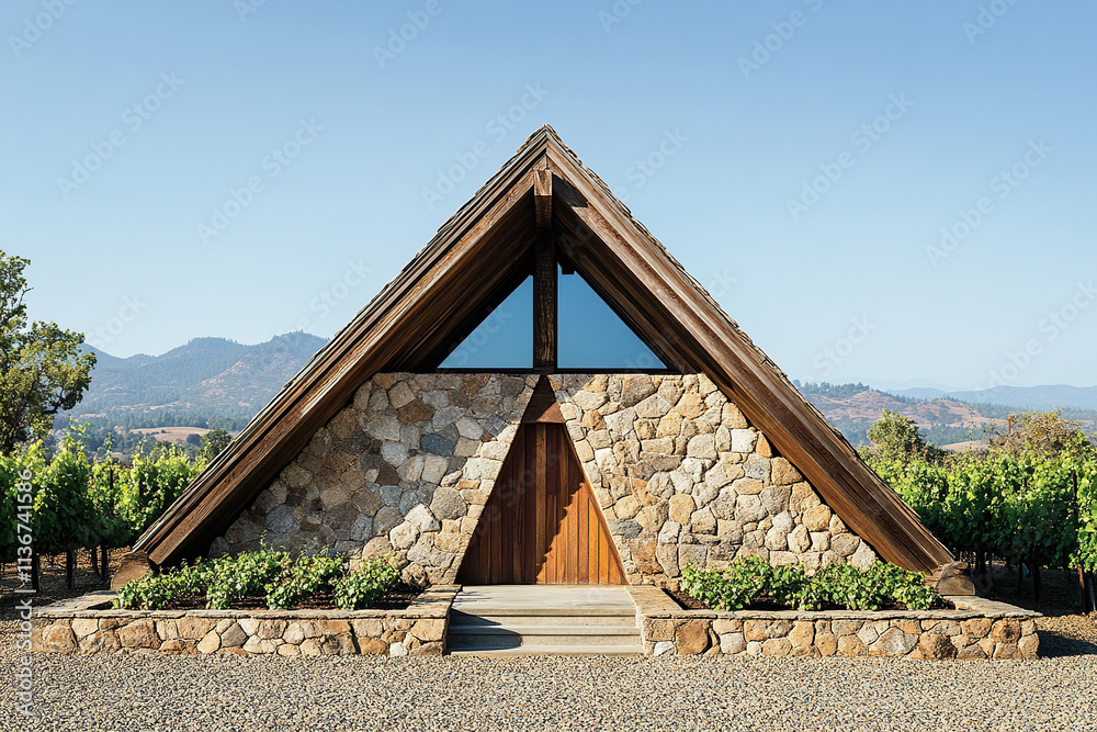 The exterior of an A-frame chapel made from natural stone and wood, is ...