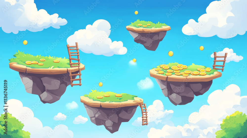 Flying rock islands vector game background sky landscape. 2d ui level ...