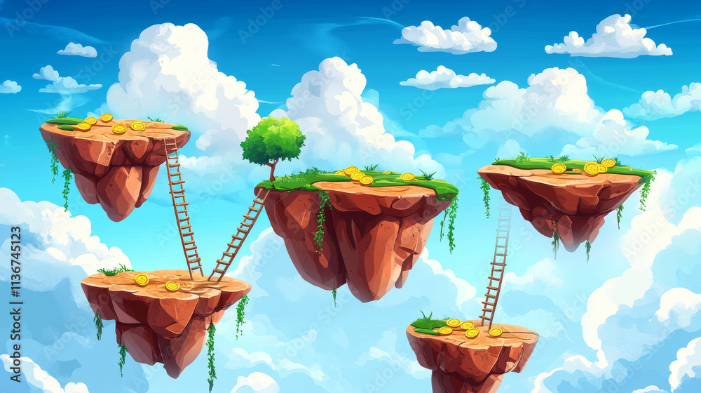 Flying rock islands vector game background sky landscape. 2d ui level ...