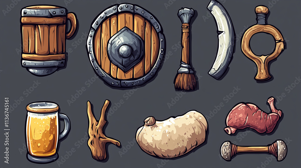 Viking game props icons, medieval round battle shield, drink horn, wooden tankard with ale and ...