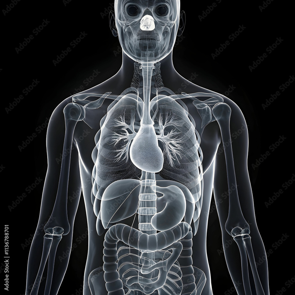 An X-ray of the human body showcasing internal organs, bones, and ...