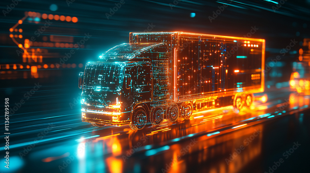 A cyber delivery truck icon glowing with logistics data, symbolizing ...