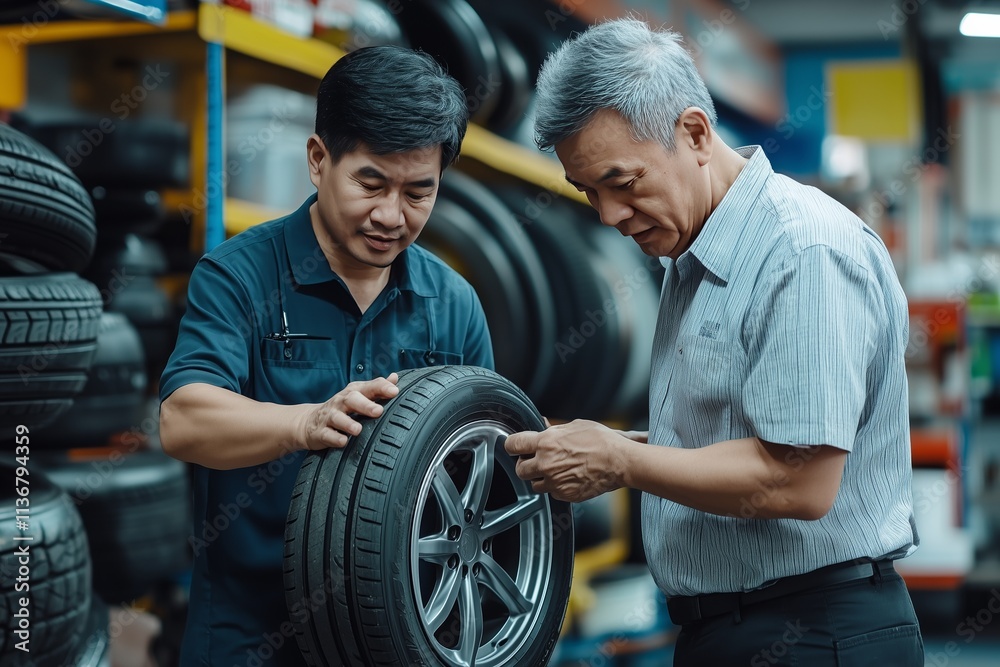 Asian senior customer man choosing wheel tires with man salesman at auto store shop and car ...