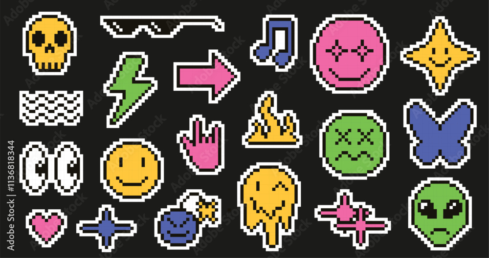 Pixel art emoji stickers. Retro pixelated 8 bit Y2K symbols, cool ...