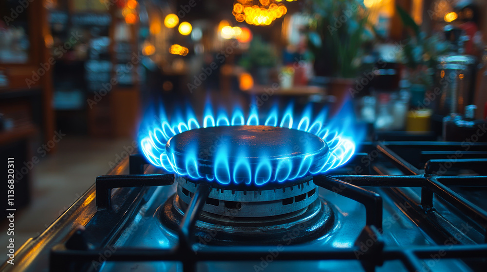 Blue flame cooking on gas stove in a warm kitchen. Cooking with a gas ...