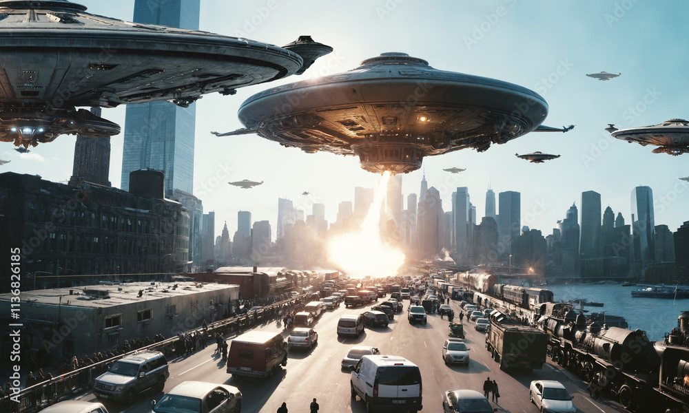 A fleet of disc-shaped alien ships darkens the blue sky as a truck fire ...