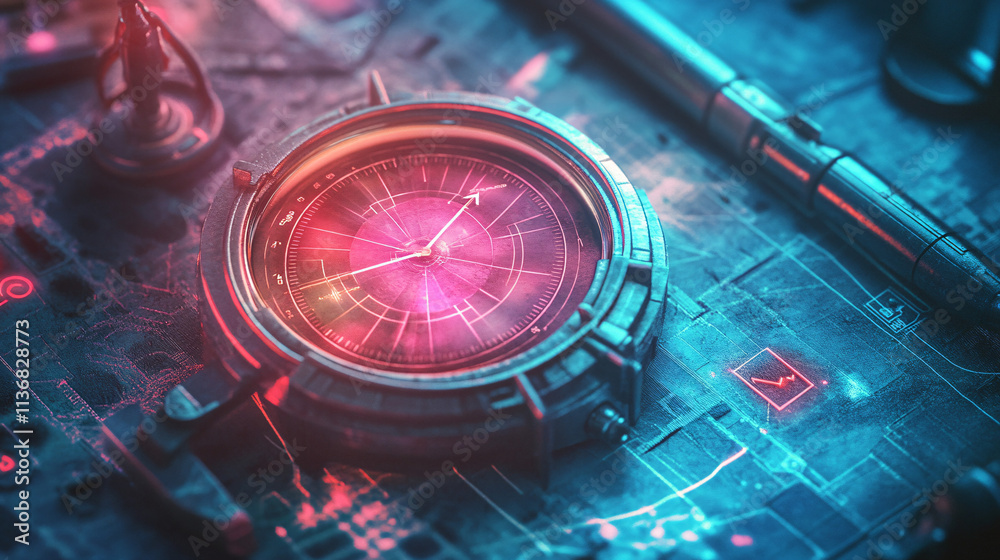 A digital field trip icon glowing with adventure metrics, representing ...