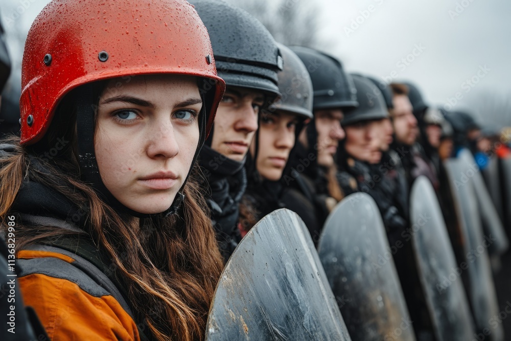 Law enforcement activists equipped with helmets and shields maintaining ...