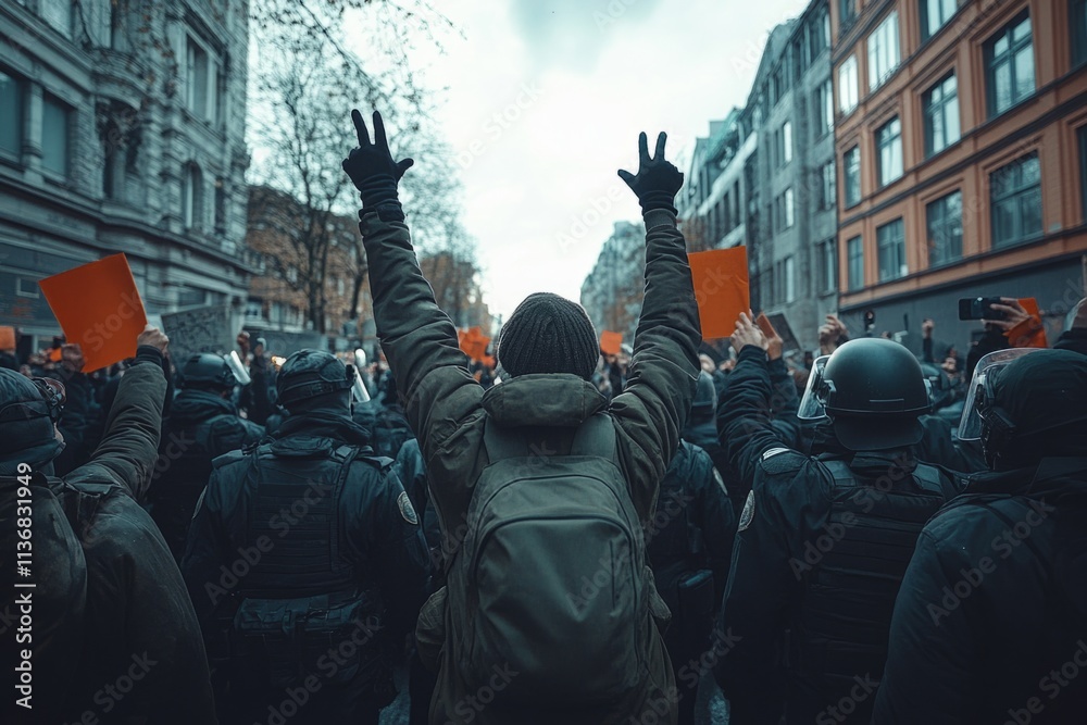 Demonstrator raising hands in front of riot police during protest march ...