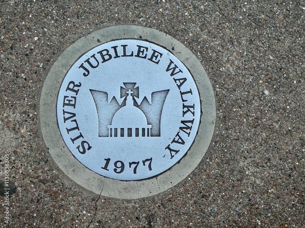 Silver Jubilee Walkway pavement plaque, 1977. London, UK. May 2023 ...