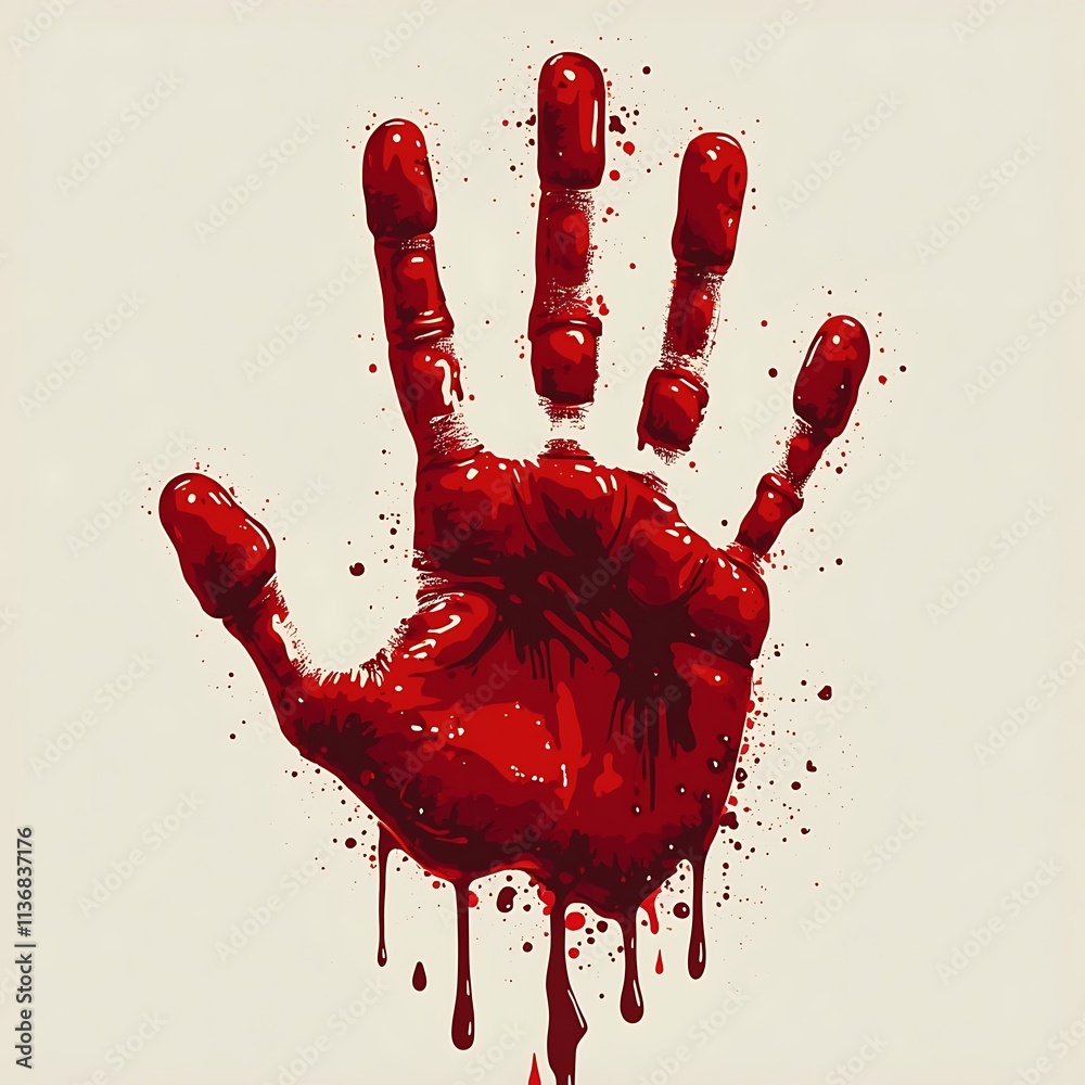 Horror bloody mark. Red handprint with dripping isolated on white ...