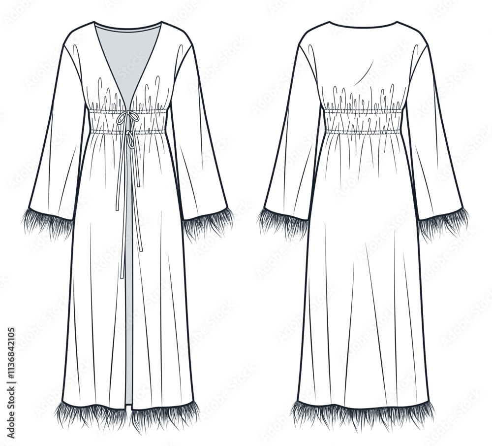 Women Kimono Robe with Feather Trim technical fashion illustration ...