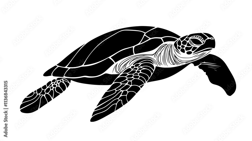 Turtle swimming underwater, moving forward with its flippers extended ...