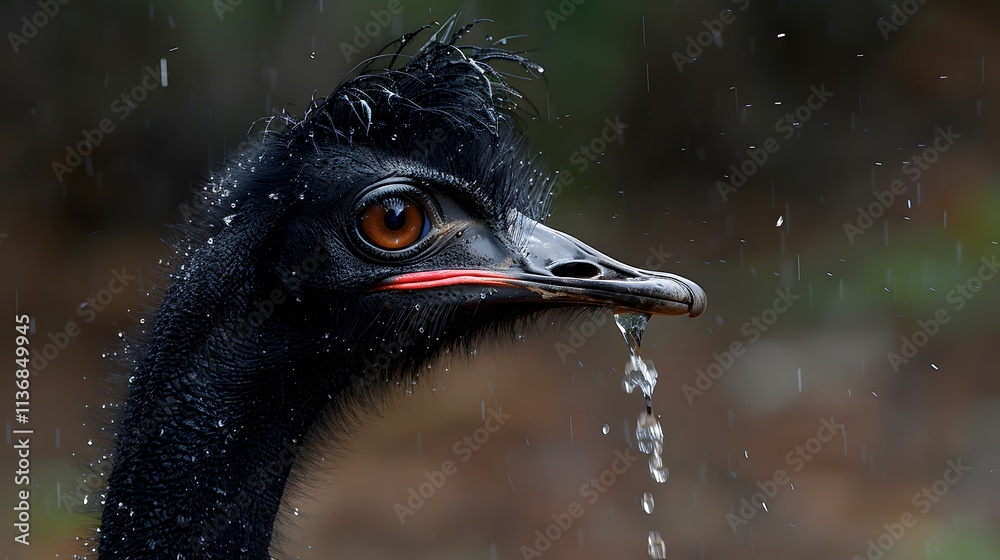 Thirsty Common ostrich drinking water from tap, rainy background cutout ...
