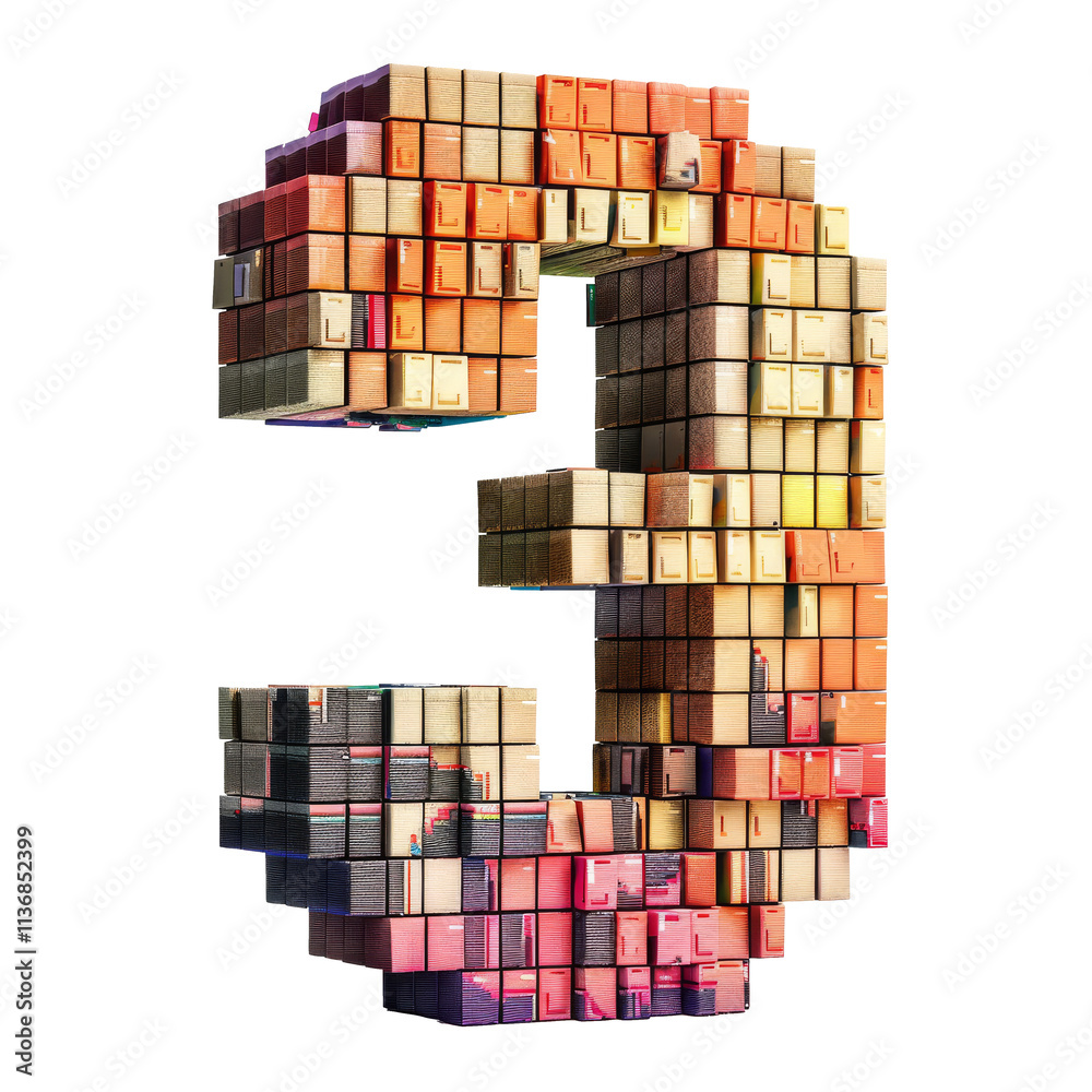 The number 3 rendered in an 8-bit pixel art style with a voxel font ...