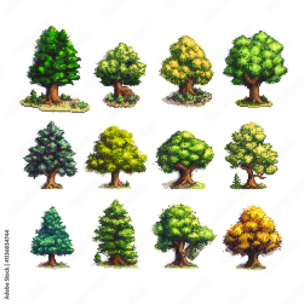 Pixel art trees depicting different species and seasons on transparent ...