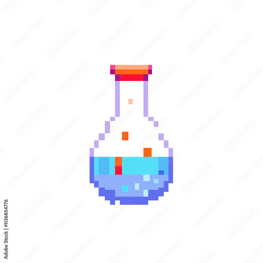 Pixel art glass beaker with bubbling potion on transparent background ...