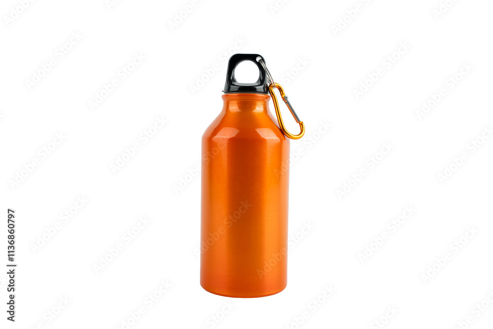 Bright orange water bottle with black handle and yellow chain. The ...