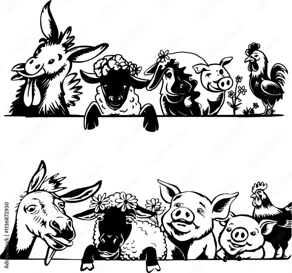 Farm animals' clipart, Pig Sheep Donkey Chicken Roster Turkey Peeking ...