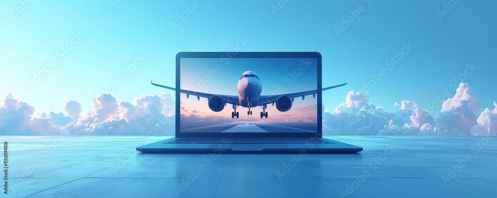 Laptop screen showing airplane taking off against a clear blue sky ...