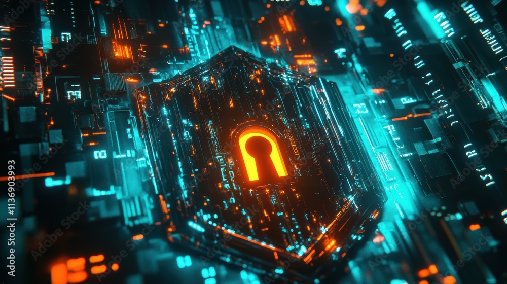 Shield icon with keyhole and floating binary code in futuristic setting ...
