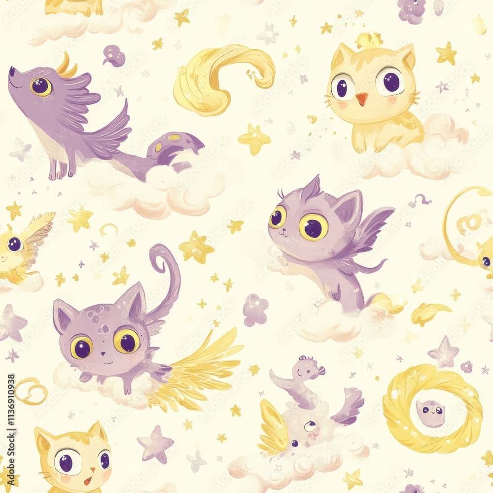 Cute fantasy animals frolic in a dreamy sky setting, surrounded by clouds and sparkling stars ...