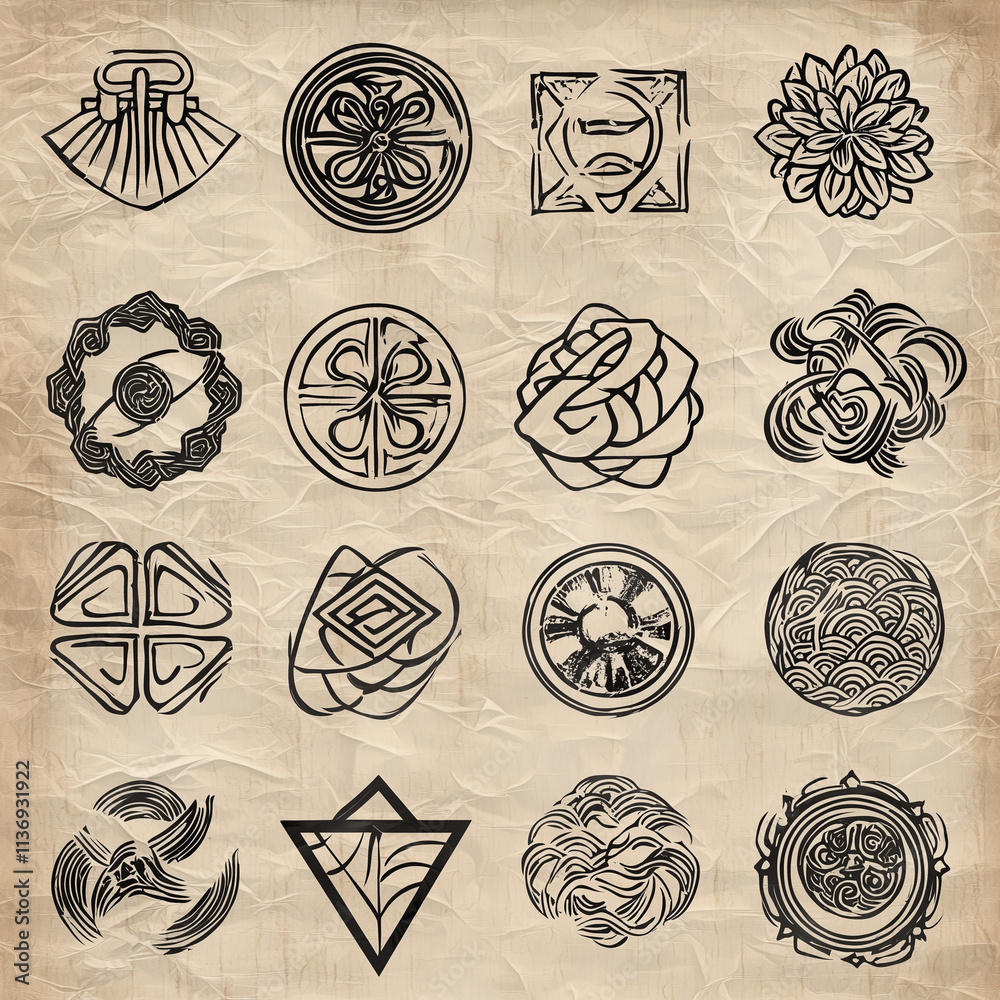 Traditional Japanese Family Crests (Kamon) on Vintage Paper Background ...