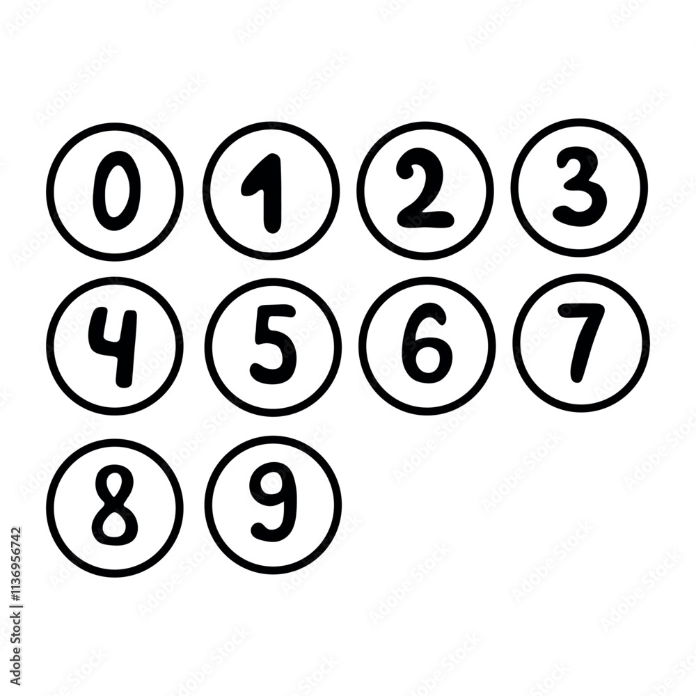 Hand drawn simple round numbers in flat style, Collection of numbers 1 ...