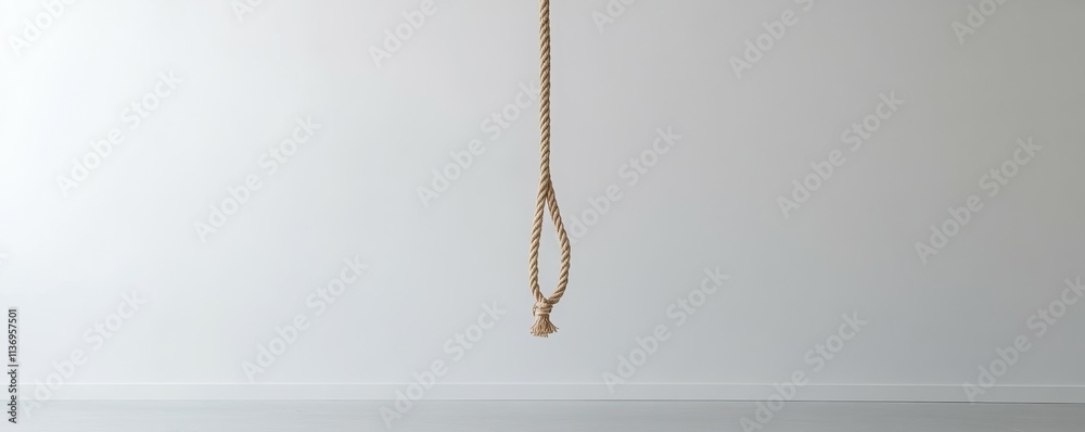 Minimalist image of a single rope suspended in front of a white ...