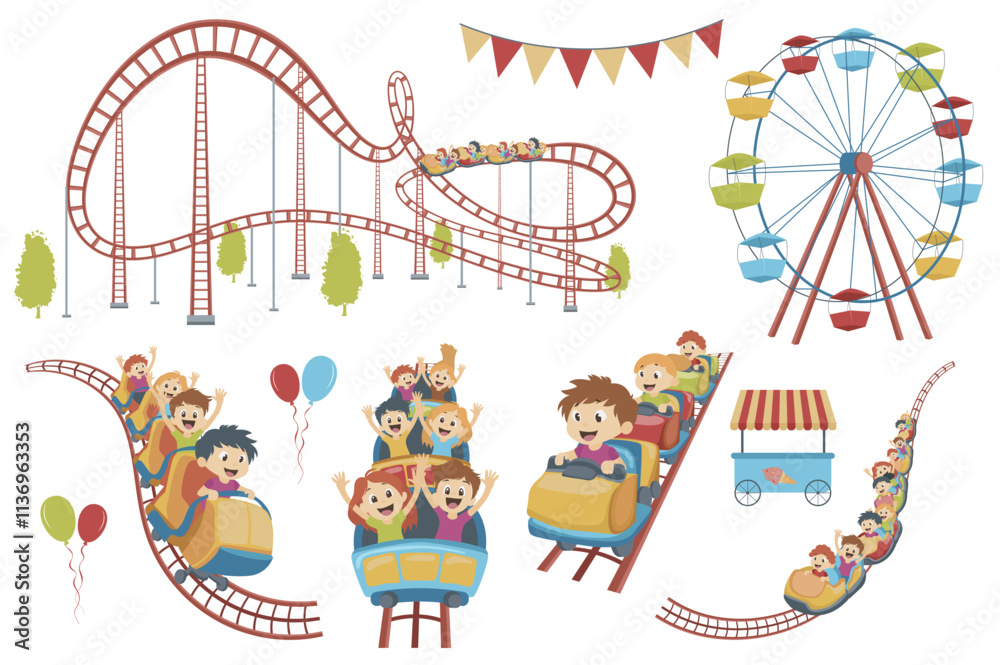 Roller coaster set elements in flat graphic design. Collection of ...