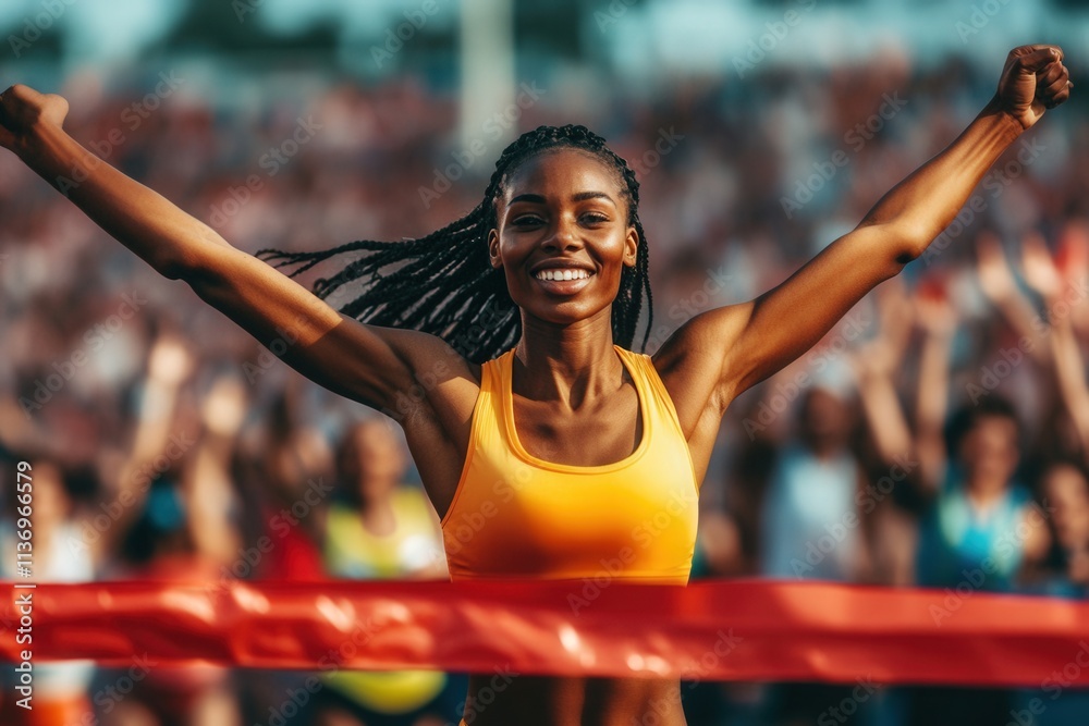 The competing athlete is the first to cross the finish line and tear ...