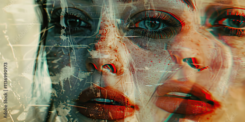 Distorted Female Face with Overlay Effects Stock Illustration | Adobe Stock