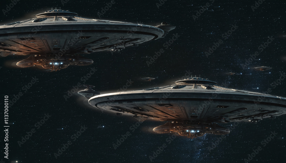 alien spaceships like giant motherships in fleet traveling through ...