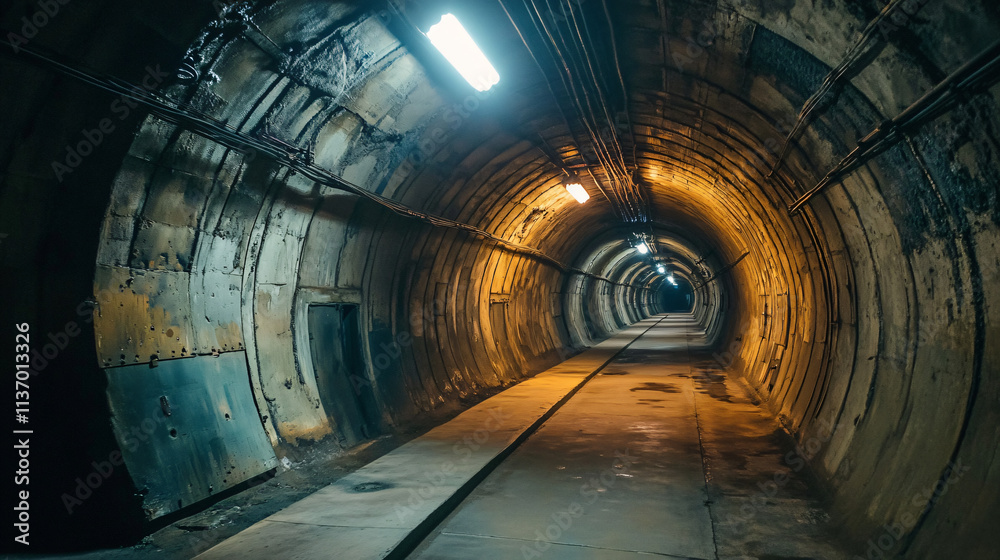 A massive underground bunker with concrete walls, dim lights, and long ...