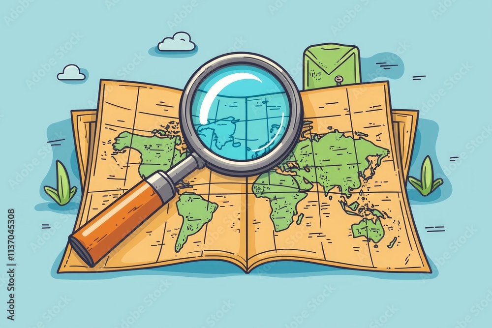 magnifying glass is placed over world map showcasing various regions ...