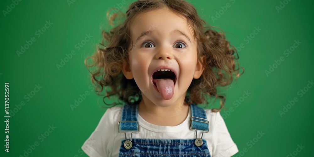 Young girl making funny faces with her tongue out in front of a green screen background ...