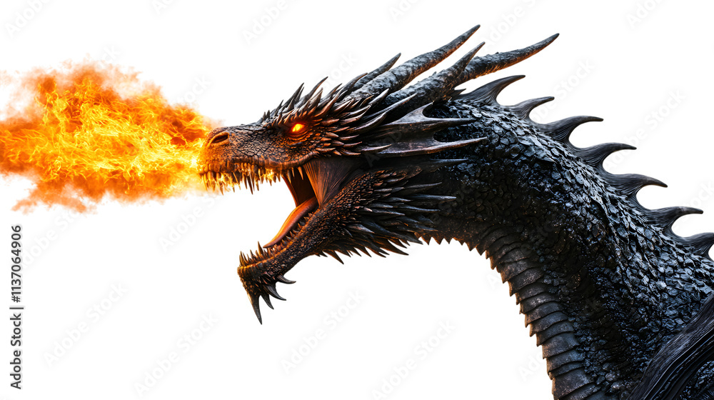 Black dragon head spitting fire, isolated on a white background as a ...