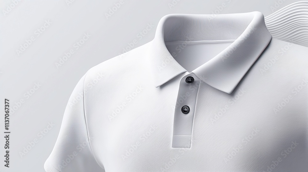White polo shirt, short sleeves, ribbed collar and cuffs, sharp 3D ...