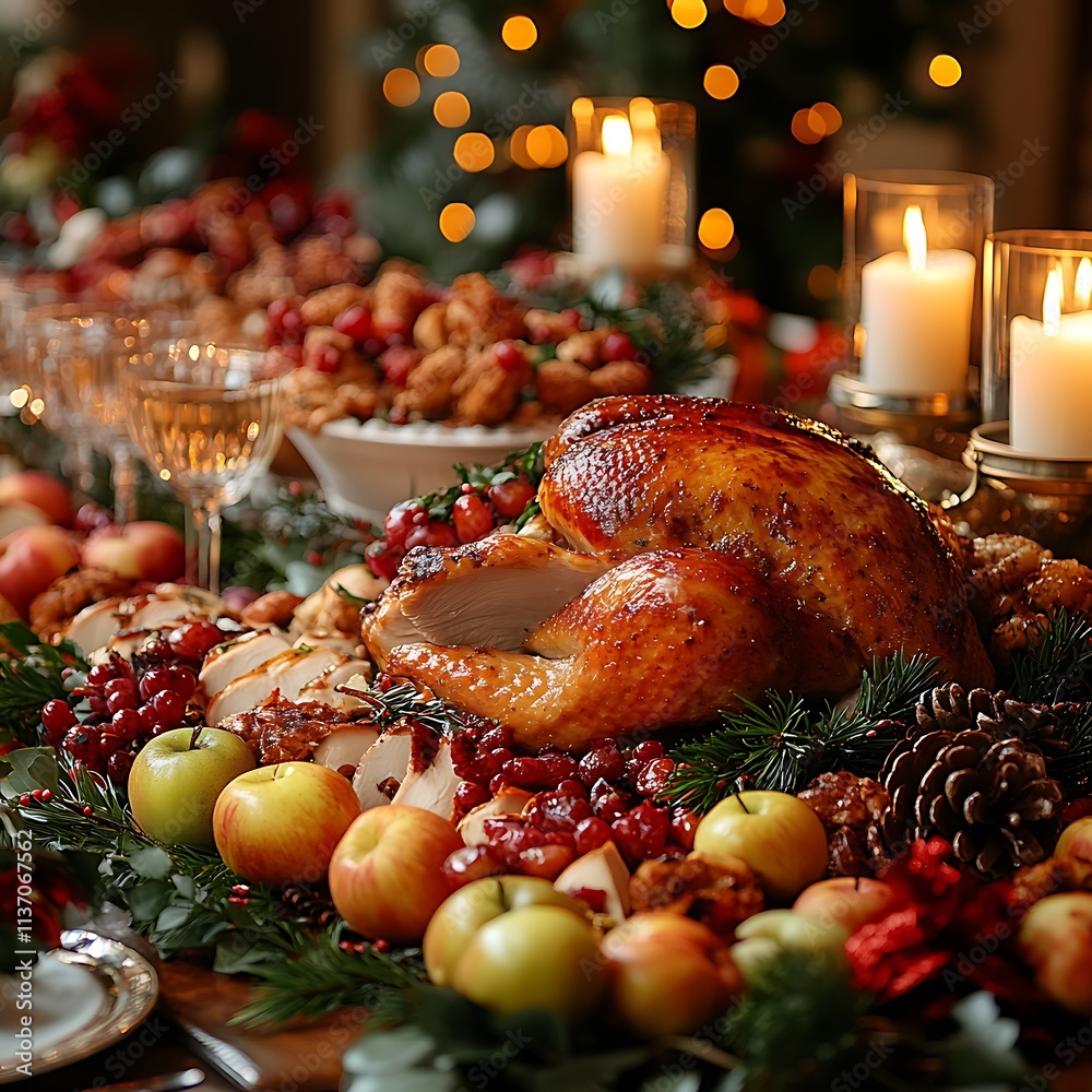 Feast table with turkey and decorations high resolution image Stock ...