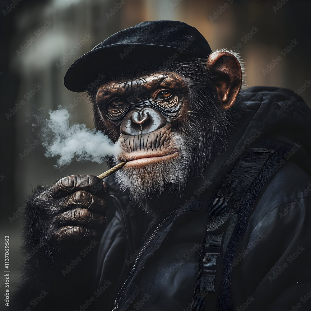 Black gorilla ape smoking a weed spliff cigar wearing a flat hat ...