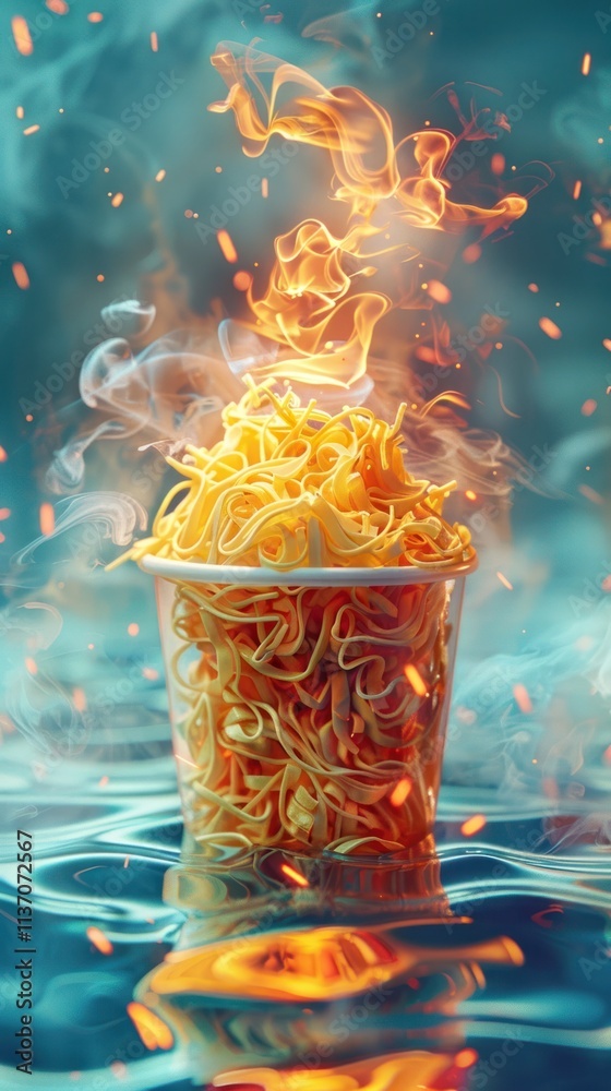 Powerful fiery explosion with flames embers and splashing liquid in a ...