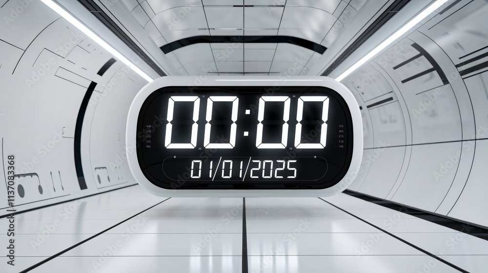 Futuristic Digital Clock Countdown 01 01 2025 in Sci Fi Tunnel Stock ...