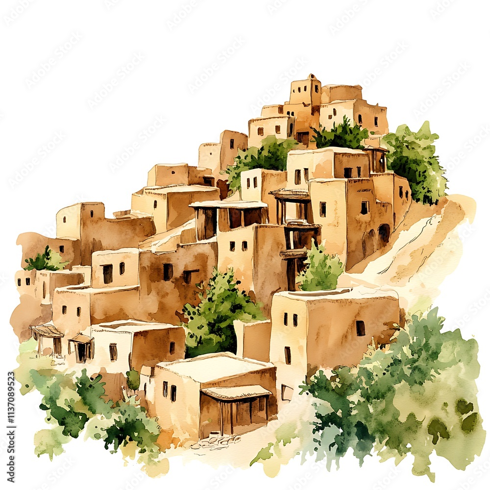 Watercolor Painting of a Traditional Middle Eastern Village nestled on ...