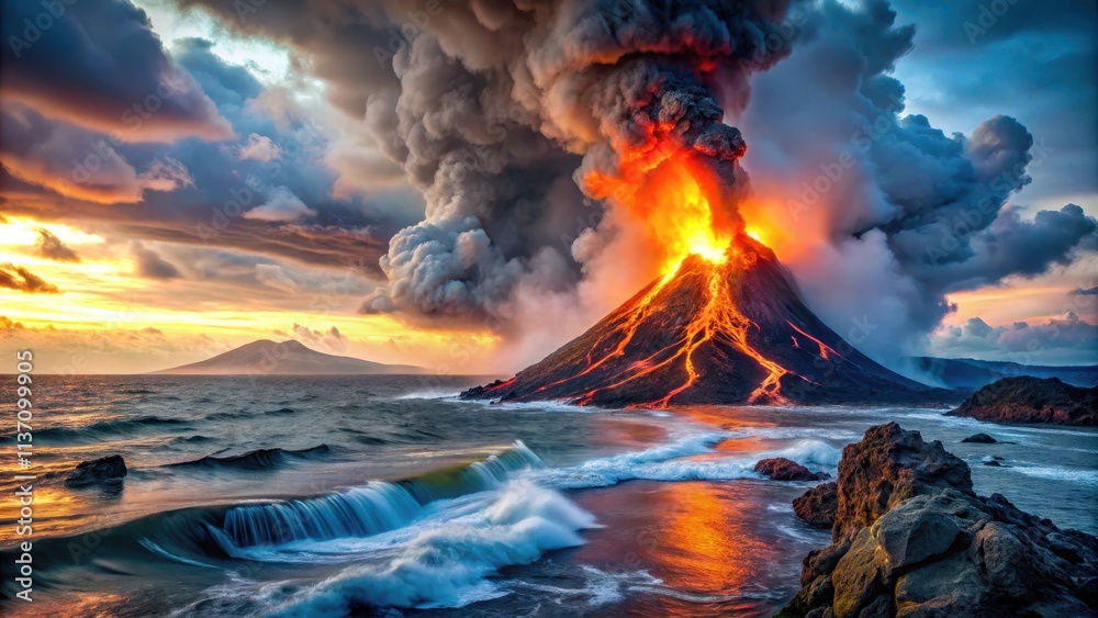 Volcano Eruption with Lava River Flowing into Ocean, glowing lava river ...