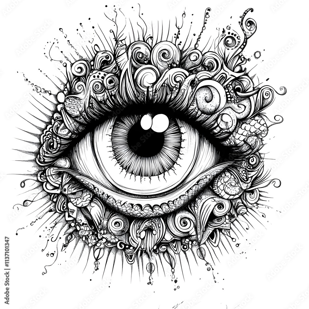 A coloring page is on display with a stylized eye and tattoo patterns ...