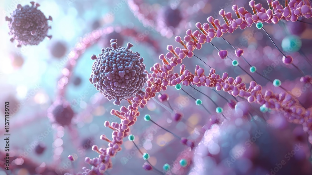 Cancer cells concept. Colorful visualization of viruses and genetic ...