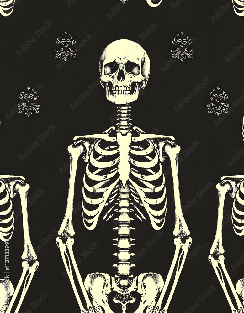 Skeleton vintage anatomy of the human body repeat pattern, dark goth ...