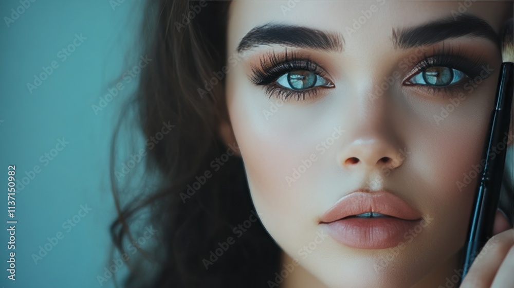 fashionable model, cute sexy girl with brunette hair, has long ...