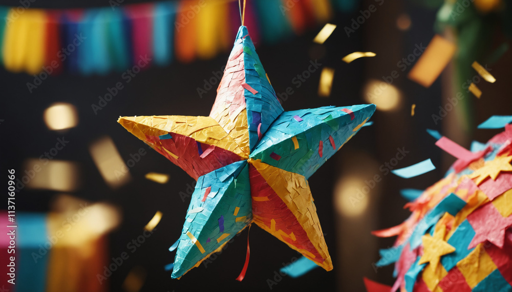 Colorful star pinata hanging against blurry confetti falling background ...